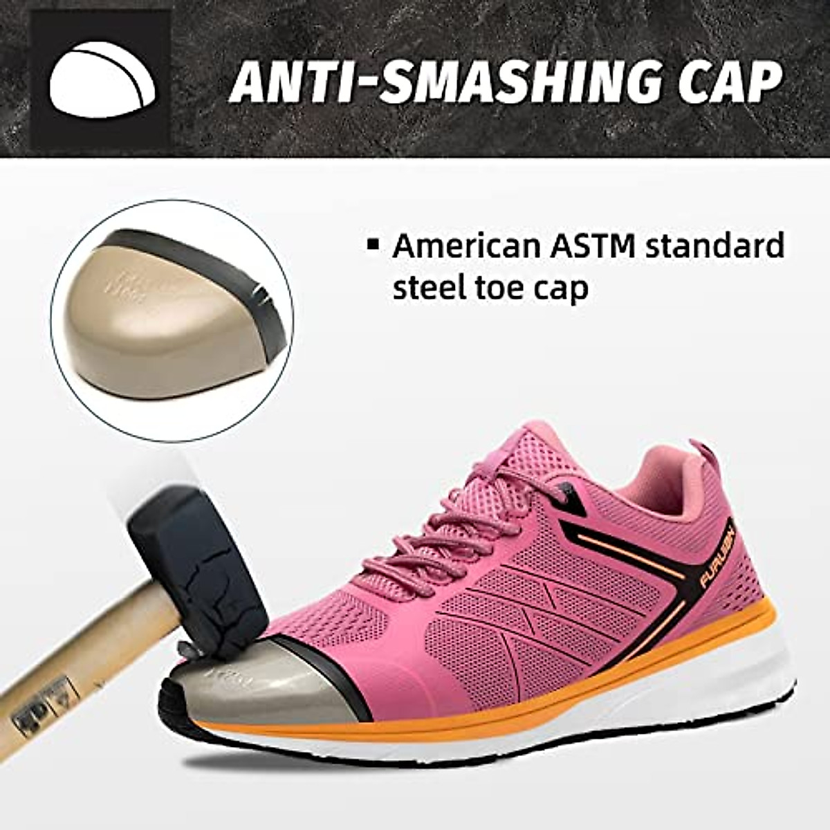 Furuian Steel Toe Shoes for Women Lightweight Safety Indestructible Sneakers Slip Resistant Work Utility Shoes Pink