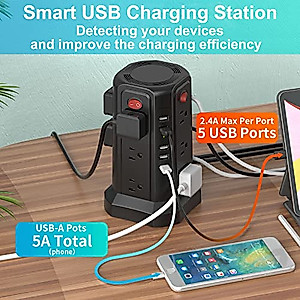 Power Strip Tower Surge Protector, 16.4 FT Extension Cord with 12 AC Outlets 5 USB Charging Ports Desktop Charging Tower Station for Multiple Devices for Home Office Dorm Room Black