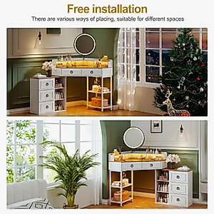 Lvifur Corner Vanity Desk with Mirror and Lights,White Corner Makeup Vanity with Charging Station, 3 Color Led Light Settings, 5 Drawers, and Open Shelves for Bedroom, Women, and Girls