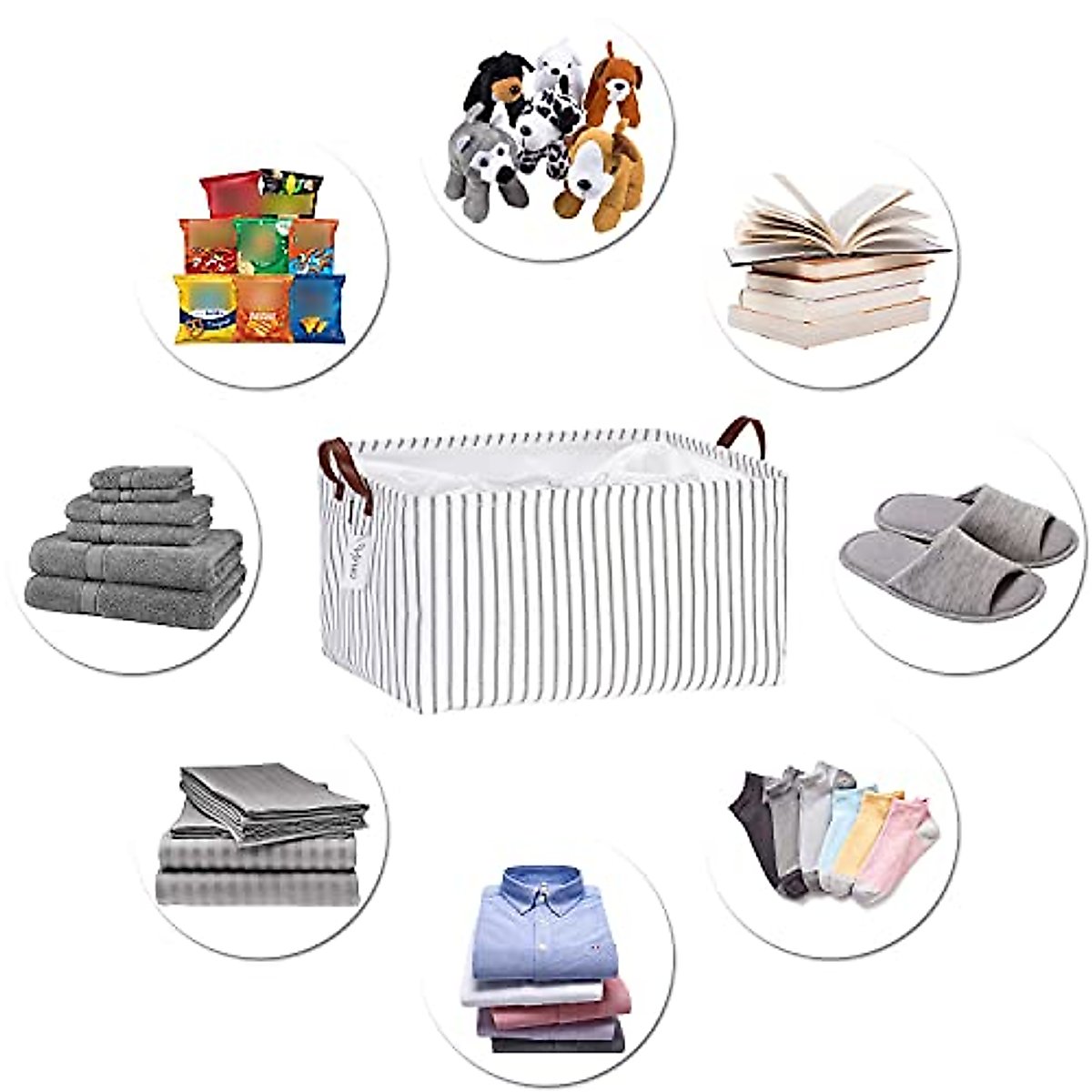 Hinwo 70L Extra Large Capacity Storage Basket Canvas Storage Bin Collapsible Storage Box with PU Leather Handles and Drawstring Closure, 22 by 15 inches, Waterproof Inner Layer, Grey Vertical Stripe