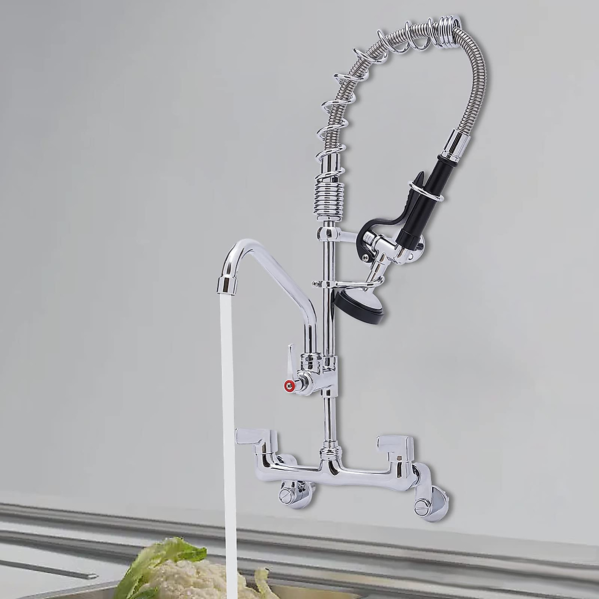 Commercial Kitchen Faucet, Wall Mount Kitchen Faucet with 3 Water Outlet Modes, 360°Rotate Adjustable Wall Mounted Kitchen Tap with Cold/Hot Control for Home, Restaurants, Breweries