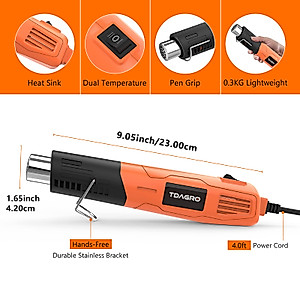 TDAGRO Mini Heat Gun 400W, 482°F & 752°F 2 Temp Setting Embossing Heat Gun, Fast Heating, Overload Protection with Reflector Nozzle for DIY, Electronics, Shrink PVC Tubing/Wrapping/Crafts, Epoxy Resin