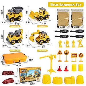 OENUX Play Sand Construction Set, Beach Building Castle Kit w/ 2.2lbs Play Sand, 4 Take Apart Construction Trucks Toys and Signs, Sensory Sandbox with Cover for Boy Girl Kid Toddlers Age 3-8