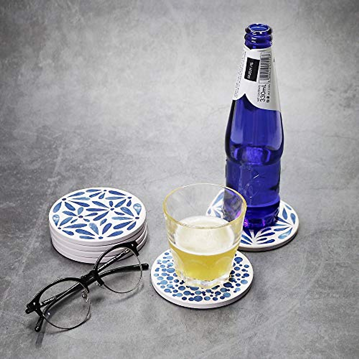 AD Set of 6 Coasters for Drinks Absorbing Round Ceramic Stone Coaster with Cork Base,Tabletop Protection Mat for Mugs and Cups,Office,Kitchen (Indigo Blue)