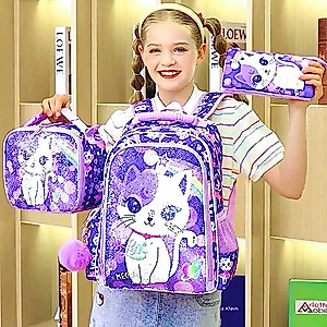 3PCS Cat Backpack for Girls, 16" Sequin Bookbag and Lunch Box for Kids, Water resistant Preschool Backpacks for Elementary Students