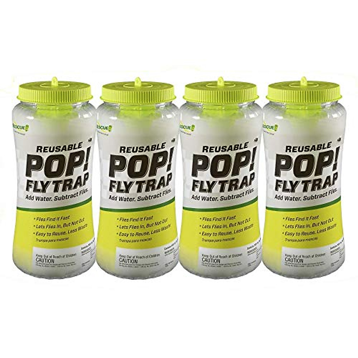 RESCUE! POP! Reusable Fly Trap with Fast-Acting Water-Soluble Attractant for Home & Agricultural Settings, Durable Recyclable Plastic (Pack of 4)
