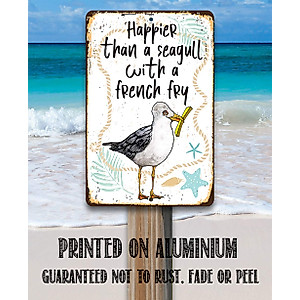 Seagull with French Fry - Great Lake House and Beach House Decor, Coastal Funny Wall Art, Bird Animal Nautical Prints and Gift Idea, 8x12 Indoor or Outdoor Durable Rustic Metal Sign