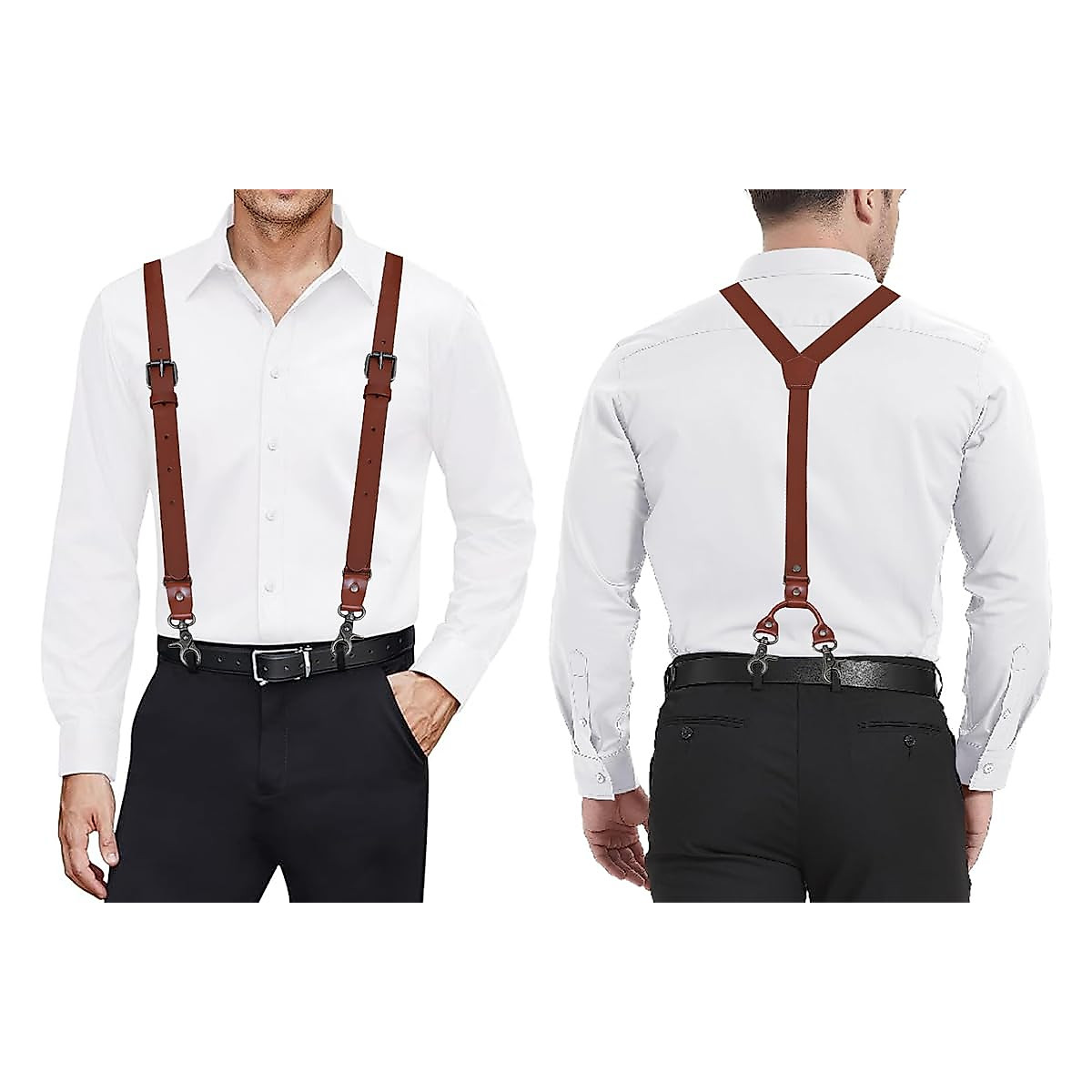 MUNION Leather Mens Suspenders Heavy Duty Y Design Adjustable with 4 Metal Snap Hooks Vintage Mens Suspenders Braces Big and Tall Groomsmen Gift for Wedding, Black