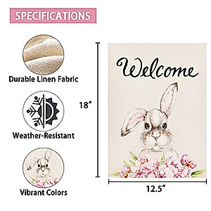 Welcome Floral Bunny Garden Flag Vertical Double Sided Easter Bunny Rabbit, Spring Summer Rustic Farmhouse Yard Outdoor Decoration 12.5 x 18 Inch