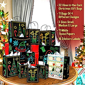 Christmas Holiday Glow-in-The-Dark Gift Bag | 22 Piece 11 Bags of 4 Different Designs, 3 Sizes Large Medium Small, 10 Stickers Labels, 11 White Tissue Papers | Gift Set with Unique Luminous Festive Designs & Patterns