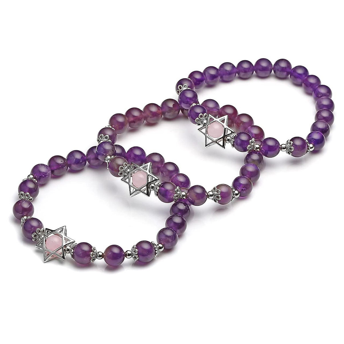 Jovivi 2pcs Natural Semi Precious Gemstone Amethyst Rose Quartz Crystal Bracelets Set Handmade Healing Stone Beads Beaded Stretch Bracelet for Women