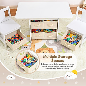 Vilaxing Kids Table and Chair Set (2 Chairs Included), Wooden Toddler Table and Chairs Set with 6 Storage Bins Boxes, Children's Furniture, Water Resistant, Easy to Clean, Gift for Boy & Girl, White