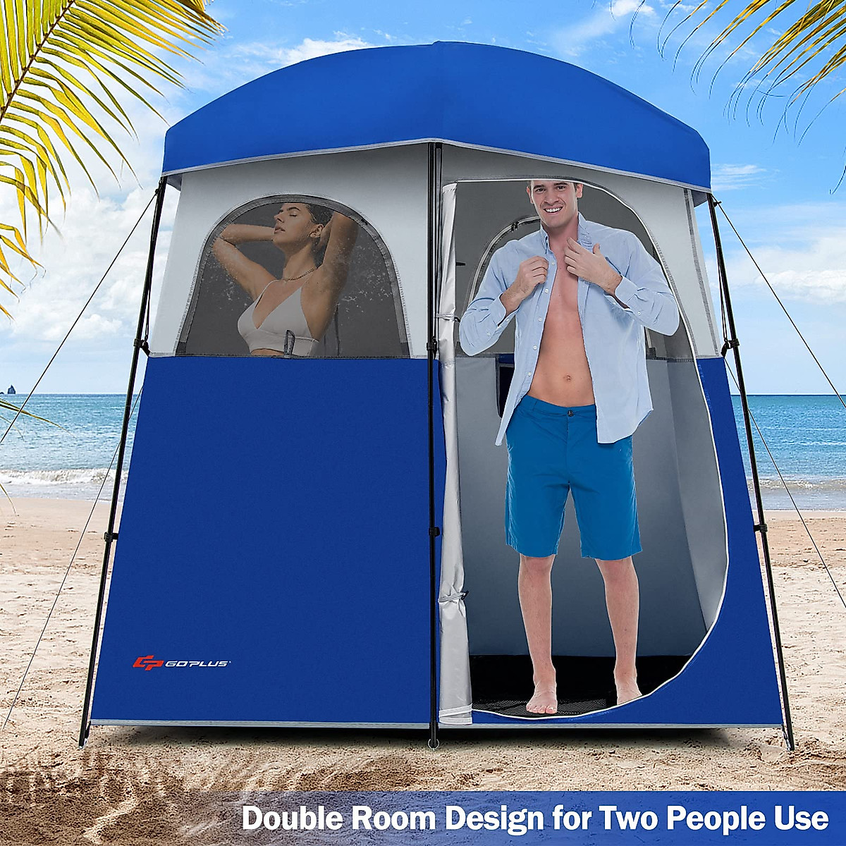 Goplus 2 Room Shower Tent, Portable Camping Changing Tent with Floor Drain,Detachable Rain Fly, Stakes & Ropes, UV Protection, Water Resistant Privacy Tent for Outdoor Toilet, Dressing, 7’ x 3.5” x 7’