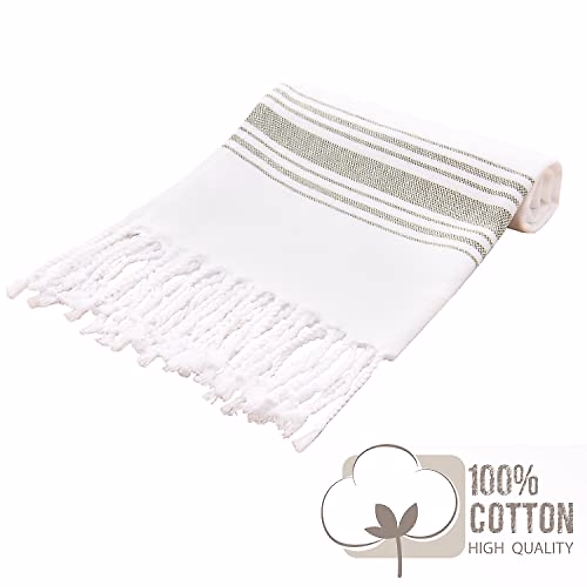 BAROOGA Hand Towels for Bathroom (Set of 3) Turkish Kitchen Towels, Farmhouse Towels for Kitchen, Fringe Tea Dish Cloth Set, Quick Dry and Highly Absorbent (18 x 38 inches) (Khaki Green)