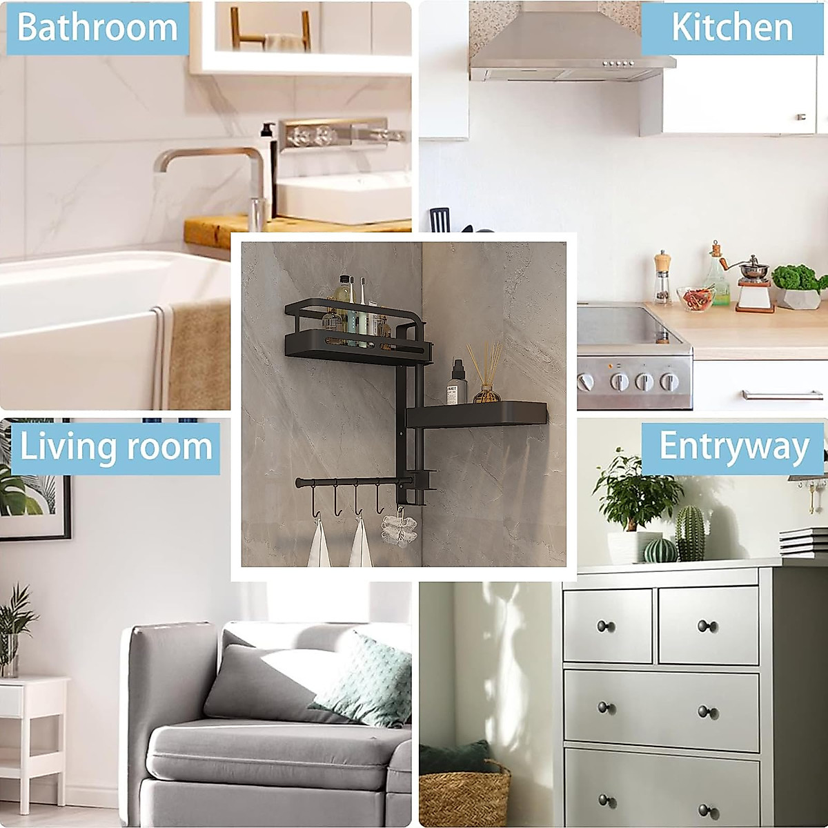 PLHG Shower Caddy, 3 Tier Rotating Adhesive Bathroom Shower Organizer, with 5 Hooks Rustproof Stainless Steel Shower Shelves Rack, Kitchen Spice Rack Countertop Storage No Drilling Wall Mounted Rack