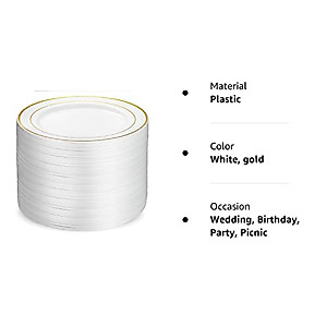 Munfix 100 Piece Plastic Party Plates White Gold Rim, Premium 10.25 Inch Dinner Elegant Fancy Heavy Duty Disposable Wedding Plates