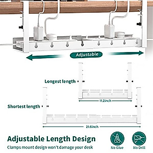 Under Desk Cable Management Tray,Retractable Cord Organizer for Desk,No Drill Cable Management for Glass Desk，Sturdy Metal Cable Management Under Desk with Clamp for Home Office