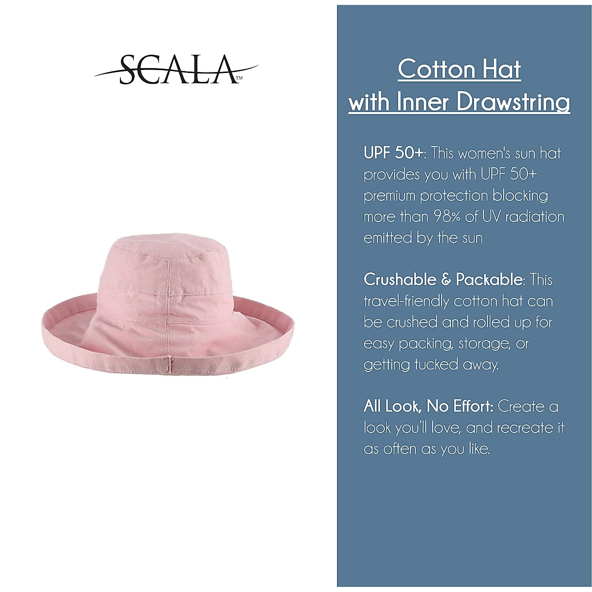 Scala Women's Cotton Hat with Inner Drawstring and Upf 50+ Rating,Coral Rose,One Size