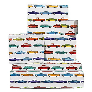 CENTRAL 23 Car Wrapping Paper For Men - 6 Sheets White Gift Wrap - Vintage Cars - For Birthday Valentines Christmas Anniversary - Comes With Fun Stickers - Recyclable