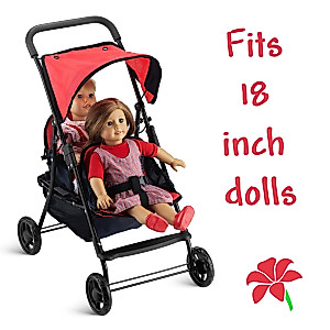 Hushlily® Tandem Double Doll Stroller with Adjustable Canopy & Basket, Foldable, with Smooth Rolling Wheels (Red & Blue)