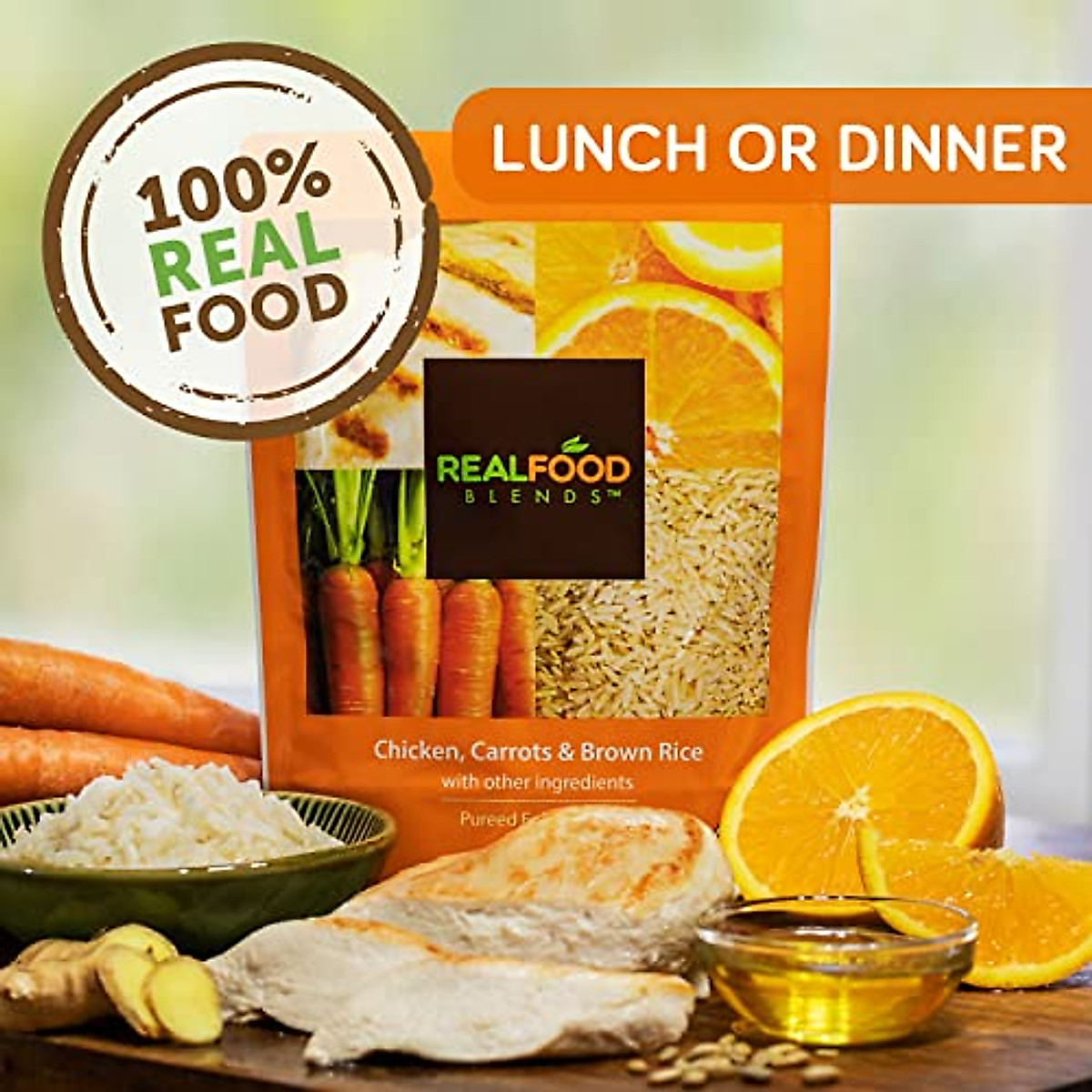 Real Food Blends Chicken, Carrots & Brown Rice - Pureed Food Meal for Feeding Tubes, 9.4 oz Pouch (Pack of 12 Pouches)