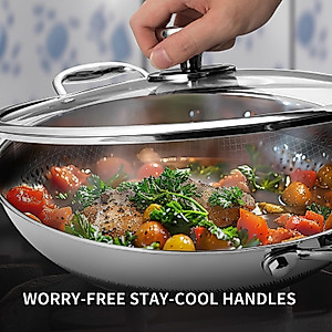 Nonstick Wok 12 Inch with Tempered Glass Lid, Stir-Fry Pan with Stay-Cool Handle & Solid Turner & Soup Ladle, Dishwasher and Oven Safe, Induction Ready, Suitable for All Stoves