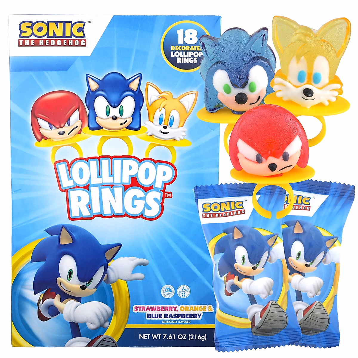 Imaginings 3 Sonic the Hedgehog Individually Wrapped Lollipop Rings, Knuckles and Tails Decorated Candy, Birthday Party Favors, 18 Count