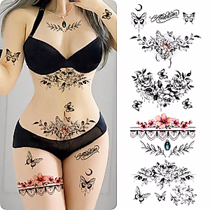 ROARHOWL sexy temporary tattoos for women,sexy tattoo kit, beautiful and exquisite,3D realistic flowers, butterflies, abdomen, chest, waist and back apply false tattoos for girl (Design 3)