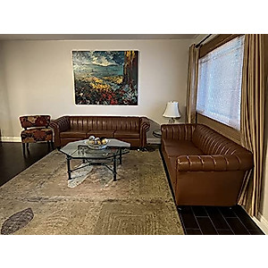 EMKK 84inch 3 Seater Sofa Modern Upholstered Couch Faux Leather Sofá for Living Room, Rolled Arm Chesterfield Small Spaces,Bedroom,Apartment,Dorm,Office, Dark Brown 84''