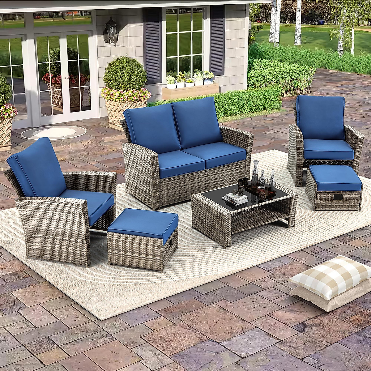 GYUTEI 6 Piece Patio Furniture Set Clearance, Outdoor Sectional Conversation Rattan Sofa Set with Ottoman and Outdoor Storage Table for Garden, Porch, Backyard (Navy Blue)