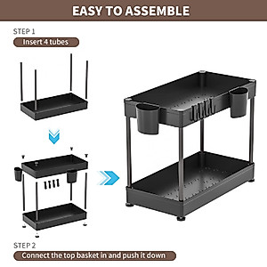 Mifine 3 Pack Under Sink Organizers and Storage, 2-Tier Organizer with 12 Hooks and 3 Hanging Cups, Sturdy Multi-Purpose Storage Baskets for Bathroom Kitchen Countertop Pantry Cabinets Laundry Room