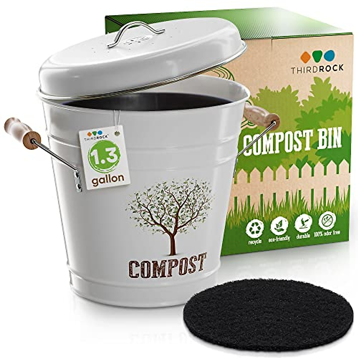Third Rock - 1.3 Gallon Traditional Kitchen Compost Bin - White - with 3 Years Supply of Charcoal Filter Replacements
