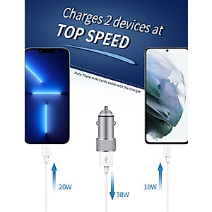 [2Pack] Cynemo Fast Car Charger for iPhone 13 12 11, 38W Dual Port 20W USB C Car Charger Adapter Power Delivery Metal Mini Cigarette Lighter PD QC3.0 Quick Charger for iPhone Samsung Galaxy Devices