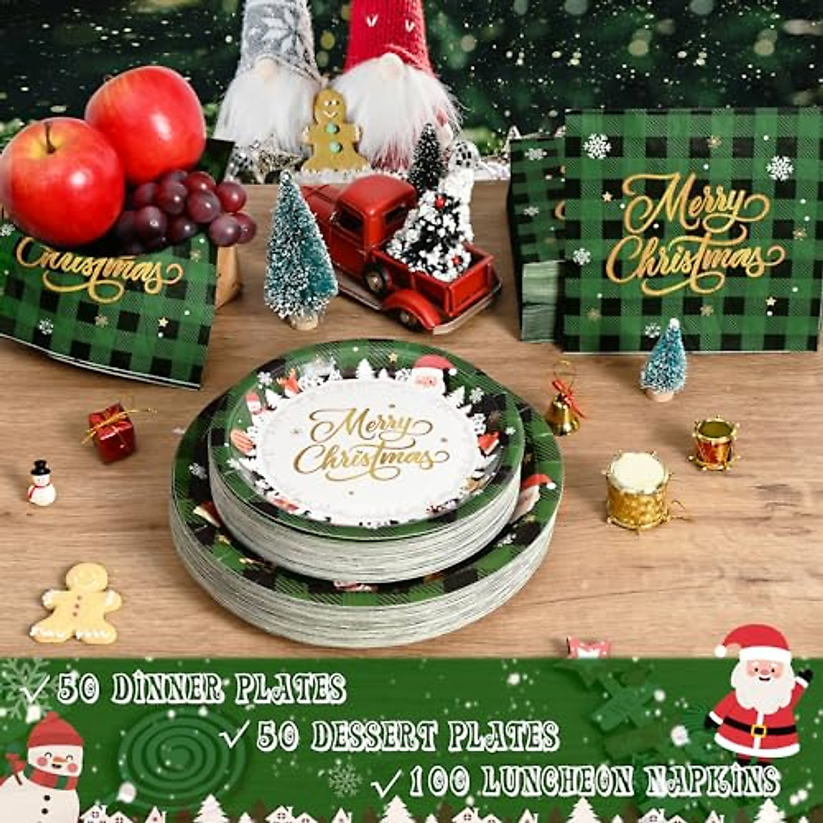 Homlouue 200 PCS Christmas Paper Plates and Napkins, Merry Christmas Disposable Dinnerware Set, Green and Black Plaid Paper Plates Christmas Party Supplies, Cute Cartoon Santa Snowman Plates Serves 50