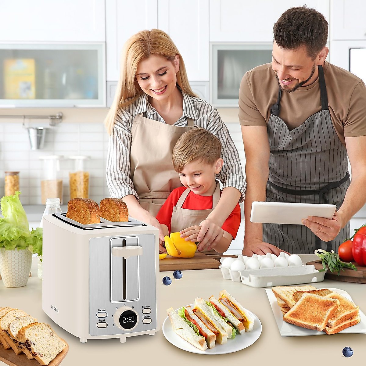 SEEDEEM Toaster 2 Slice, Bread Toaster with LCD Display, 7 Shade Settings, 1.４'' Extra Wide Slots Toaster with Cancel, Bagel, Defrost, Reheat Functions, Removable Crumb Tray, 900W, Cream White