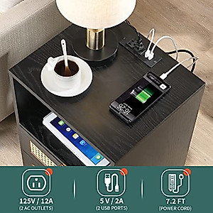 Yoobure Black Nightstand with Charging Station, Bed Side Table/Night Stand with Drawers, Modern Nightstands with USB Ports & Outlets for Bedroom, Living Room, Home Office