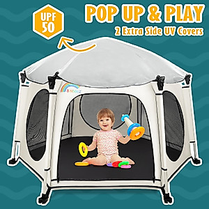 Baby Playpen for Babies and Toddlers, Indoor & Outdoor Portable Play Yard for Baby, Foldable Baby Beach Tent with Canopy and Travel Bag - Beige