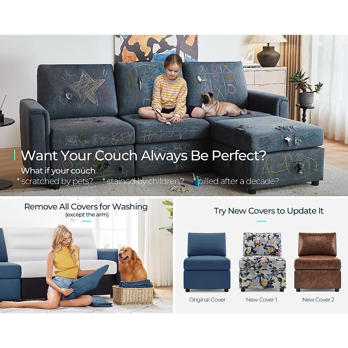 LINSY HOME Modular Sectional Sofa, U Shape Oversized Sofa Couch with Storage, Memory Foam, Modular Sectionals with Ottomans, 7 Seat Living Room Furniture Sofa Sets with Chaise, Blue