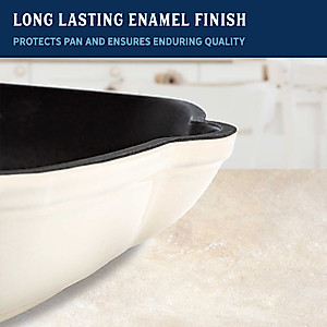 Country Living Enameled Cast Iron Square Griddle Grill Pan with Ridges, Helper Handle and Pouring Spouts for Easy Draining, Indoor Grilling Skillet, 11-Inch, Cream