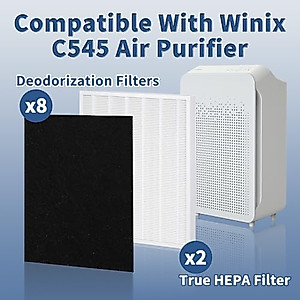 C545 True HEPA Replacement Filter S Compatible with Winix C545 Air Purifier Replacement for Winix S Filter 1712-0096-00 and 2522-0058-00, Funmit 2 x True HEPA Filter + 8 x Activated Carbon Pre-Filter