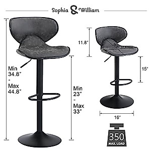 Sophia & William Bar Stools Set of 2, Adjustable Height Swivel Tall Kitchen Island Barstools,Modern PU Leather Counter Height Bar Stools with Back,Upholstered Bar Chairs,350lbs,Grey