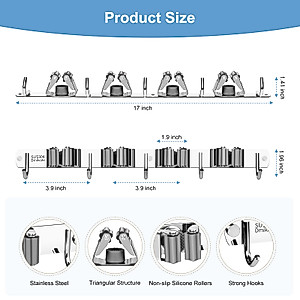 Dmikcav Mop and Broom Holder Wall Mounted, 4 Racks and 5 Hooks Broom, Upgraded Stainless Steel Broom Holder Self Adhesive, Broom Organizer, Tools Organizer for Home Kitchen bathroom Garden balcony