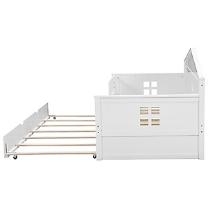 MERITLINE Twin Size Daybed with Trundle and Sensor Light, Wood Daybed Sofa Bed with Charming House-Shaped Backboard,Kids Bed Frames with Windows and Safety Rails,White