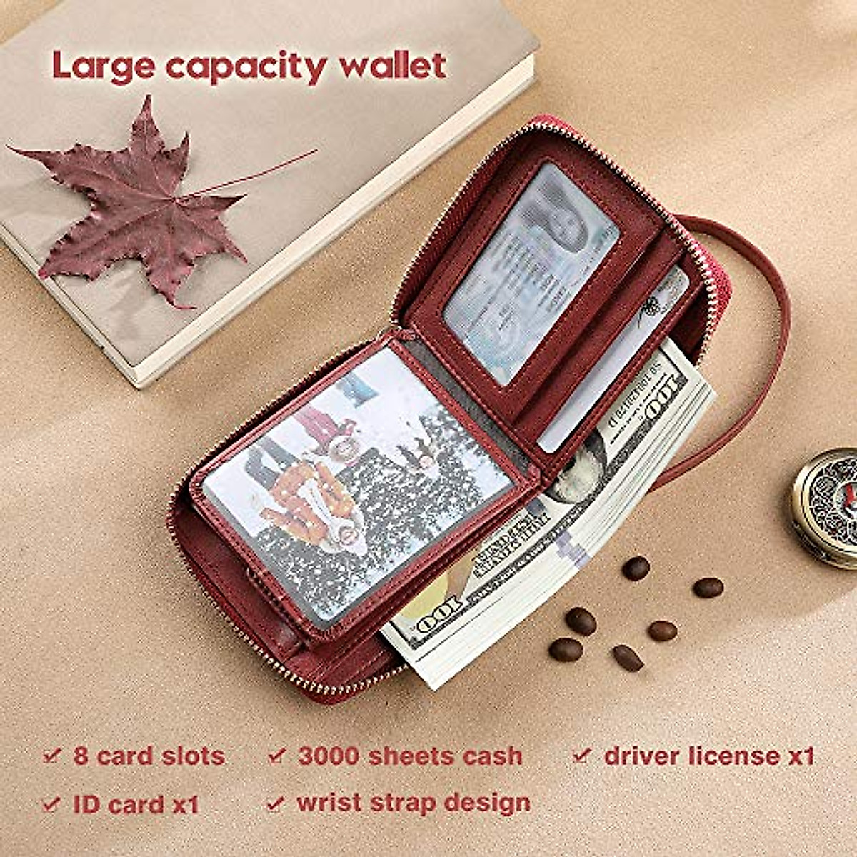 MANBANG RFID Wallets for women Genuine Leather Zipper Purses Secure Large Capacity Multi-card Wallets Clutch Travel Wristlet (Red)