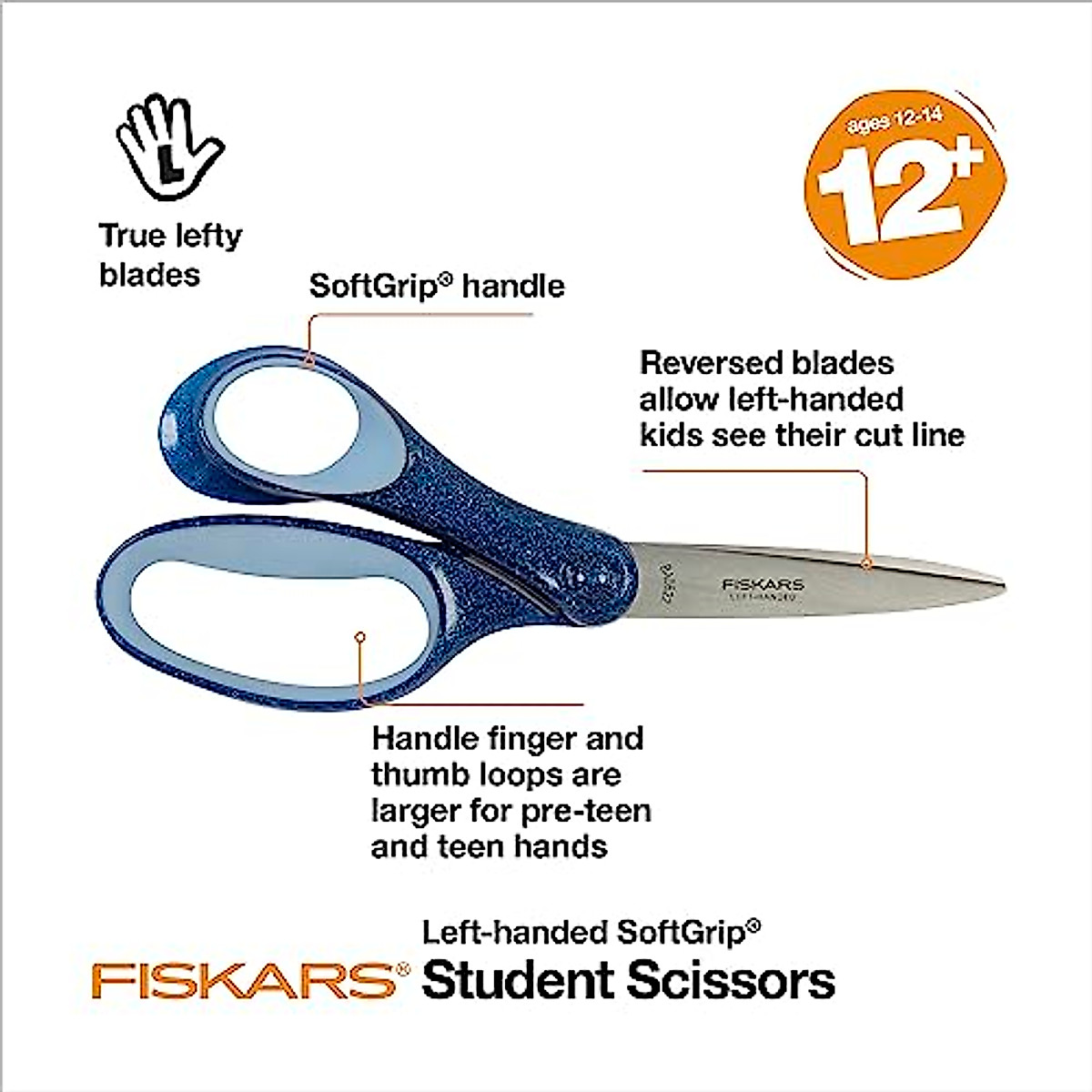 Fiskars 7" SoftGrip Left-Handed Student Glitter Scissors for Kids 12+ - Left-Handed Scissors for School or Crafting - Back to School Supplies - Blue