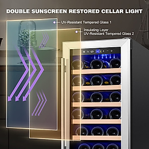 Tylza 15 Inch Wine Cooler Under Counter, 30 Bottle Capacity, Stainless Steel Tempered Glass Door, Constant Temperature Technology, Removable Shelves, Smart Control, 3.6 Cubic Feet