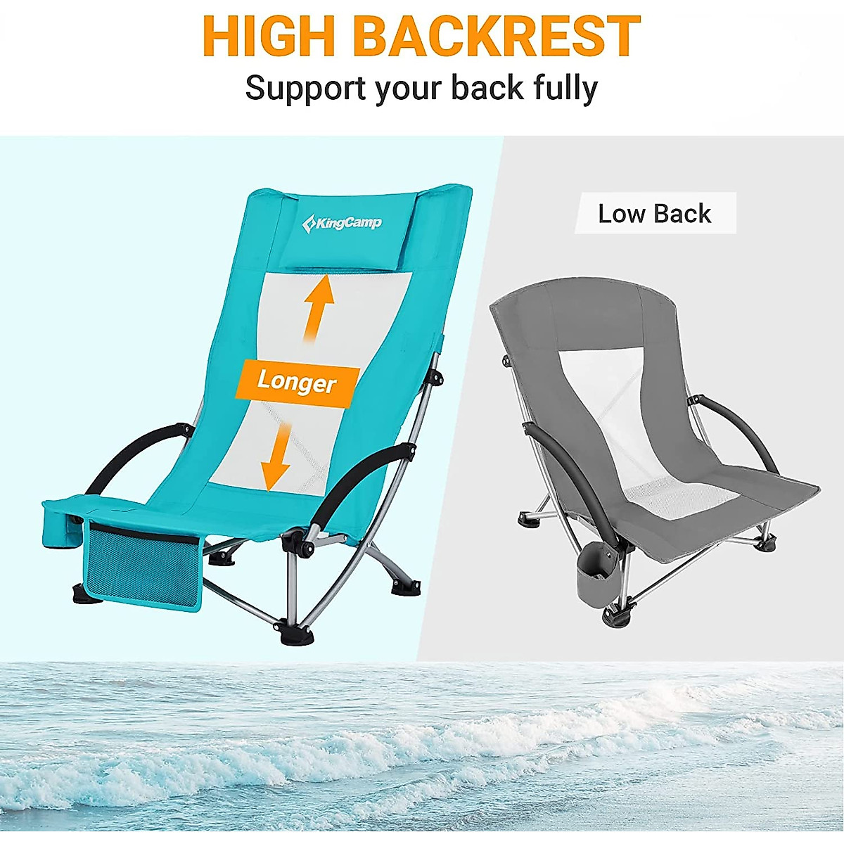 KingCamp Folding Backpack Beach Chair 2 Pack, Sturdy & Lightweight High Back Camping Chair with Headrest, Cup Holder, Seatback Pocket, for Outdoor Sand