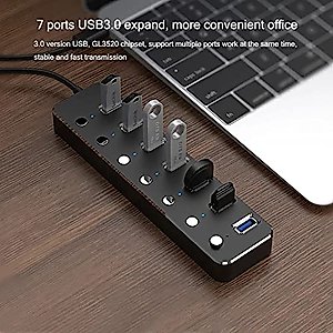 GPPZM Aluminum 7-Port USB 3.0 Hub 120cm Cable Sub-Control Switch 5Gbps LED Indicator HUB Chargeable Splitter for Multi USB Devices (Color : Silver)