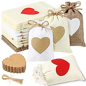 40 Pcs Valentine's Day Heart Burlap Bags with Tags and Ropes, 4 x 6 Inch Burlap Gift Bags with Drawstring Heart Bags Linen Gift Pouch Small Party Favor Bags for Wedding Baby Shower Party