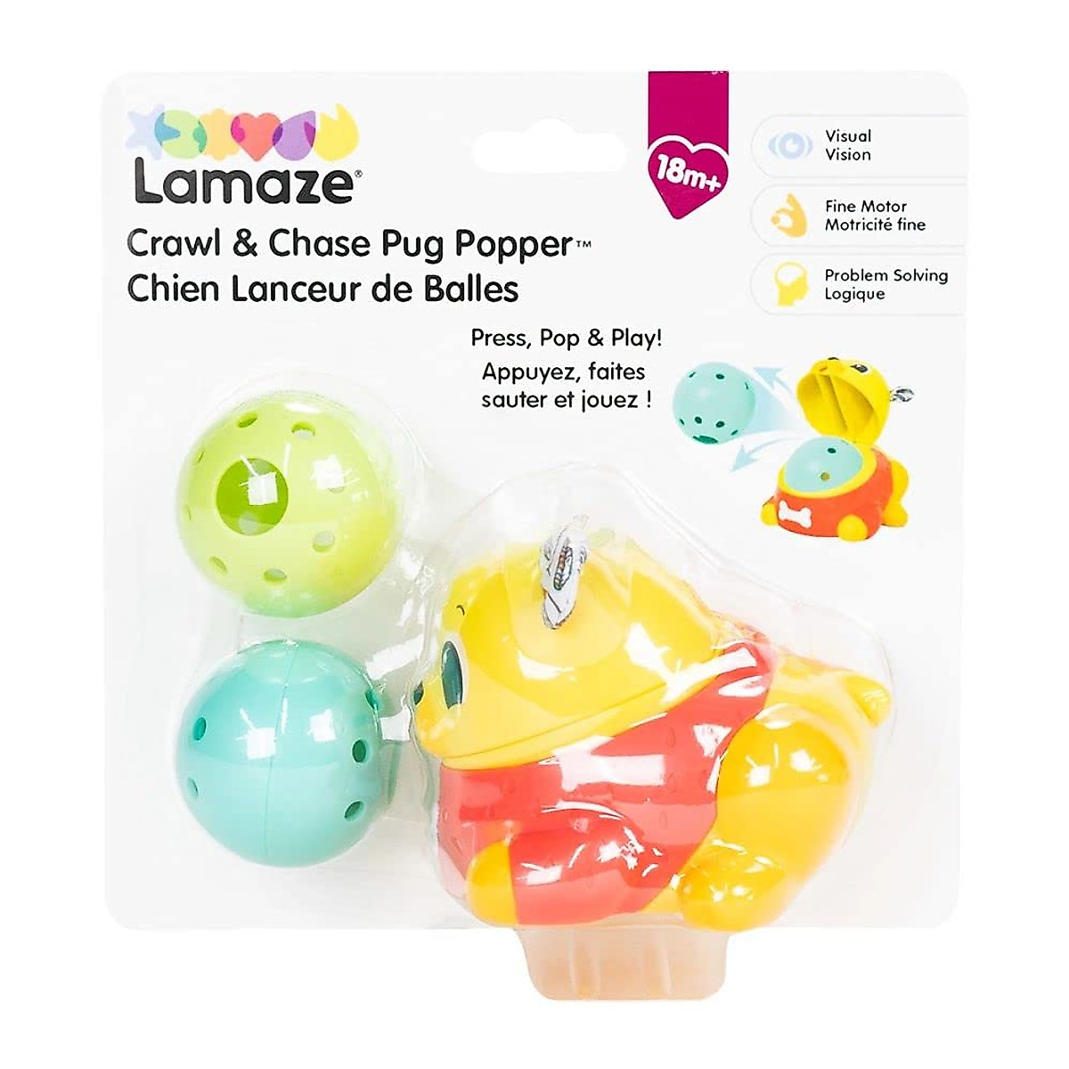 Lamaze Crawl & Chase Pug Ball Popper Toy - Includes Pug Ball Popper and 2 Baby Ball Toys - Baby Tummy Time and Crawling Toys - Baby Gifts for Ages 18 Months and Up